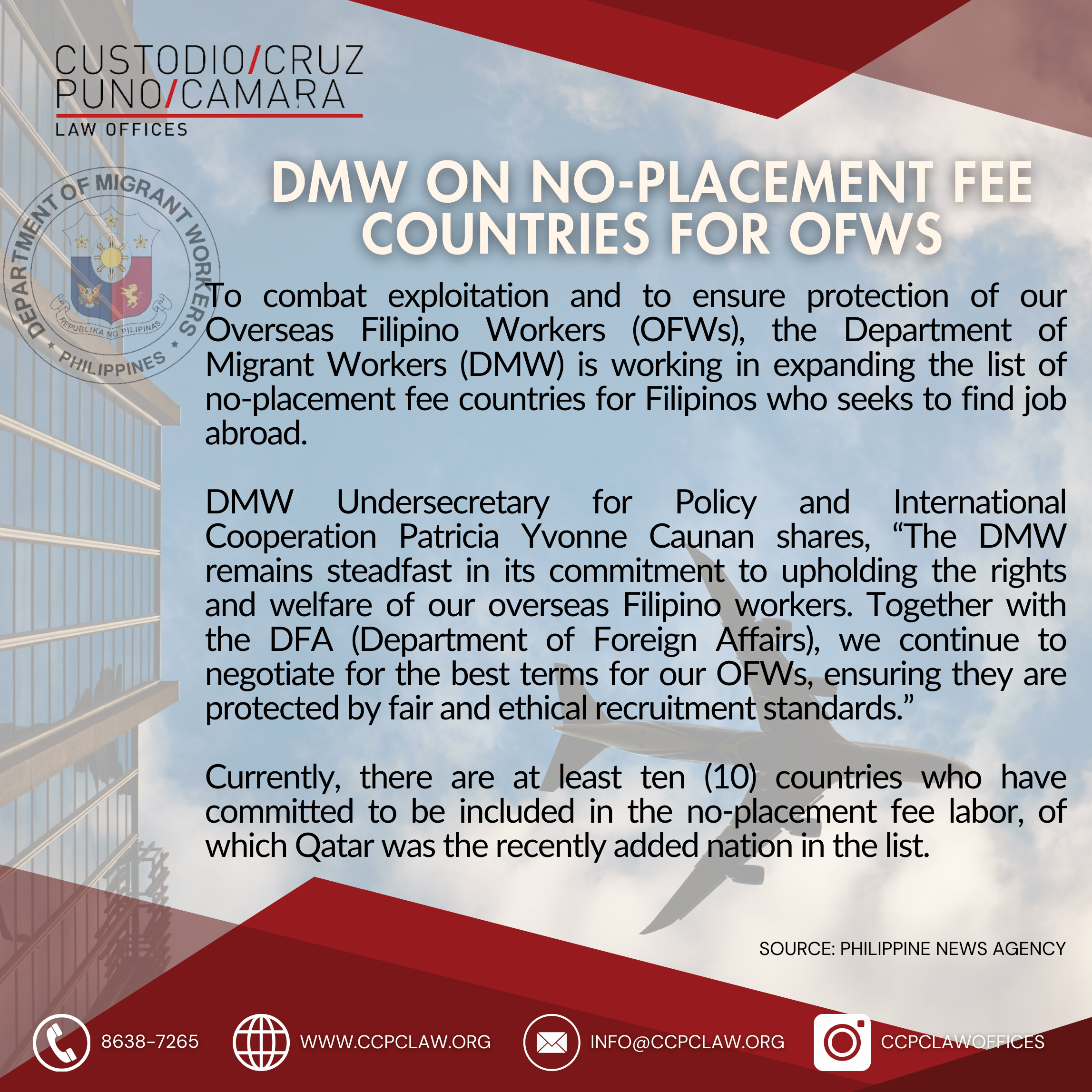 DMW ON NO-PLACEMENT FEE COUNTRIES FOR OFW - Custodio Cruz Puno and ...